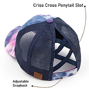 C.C Exclusives Washed Distressed Cotton Denim Criss-Cross Ponytail Hat Baseball Cap Bundle Hair Tie (BT-924) (A Elastic Band-Tie-Dye Navy with Mesh)