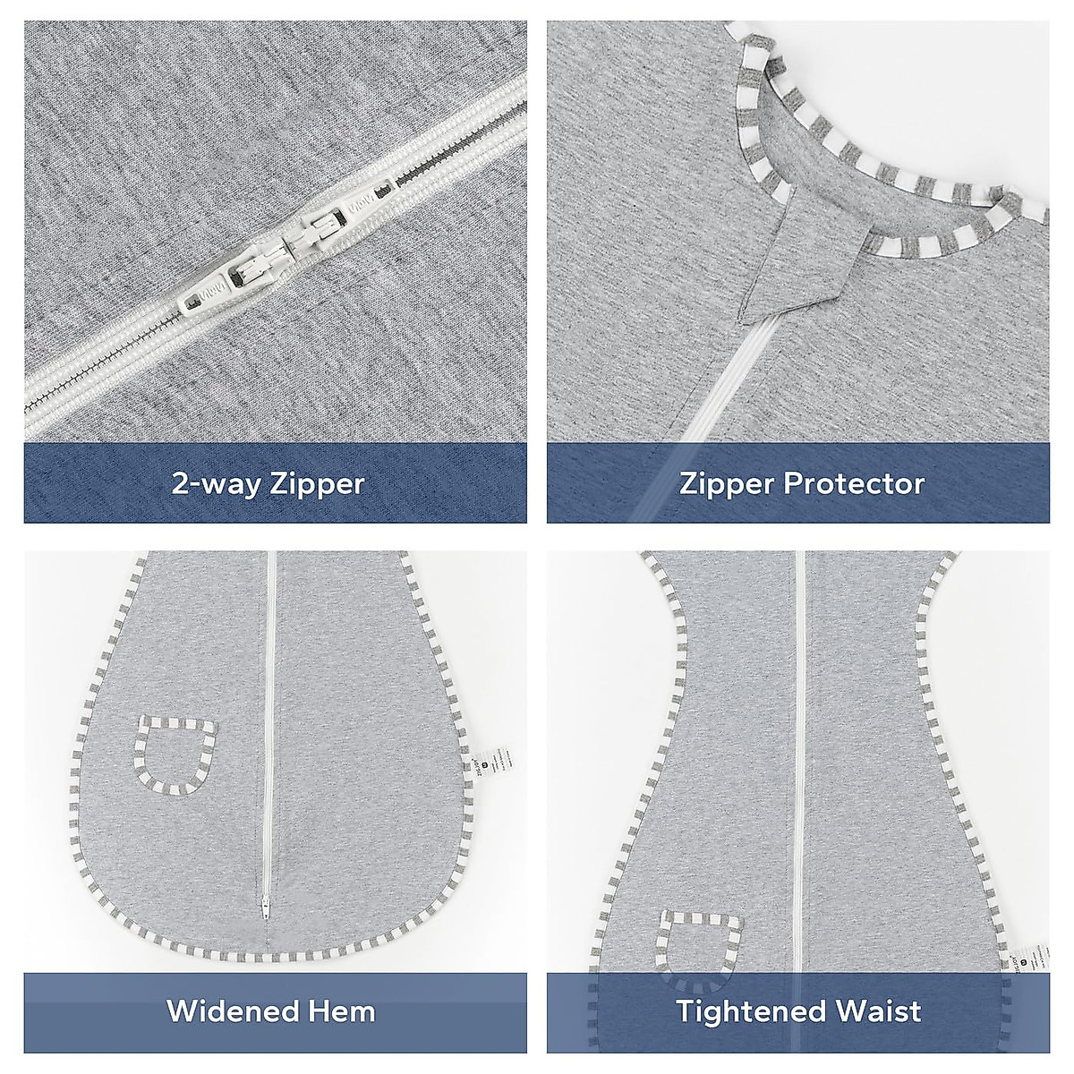 ZIGJOY Baby Transition Swaddle, 1.0 TOG Snug Fit Baby Swaddle with 2-Way Zipper, 100% Cotton Sleep Sack 3-6 Months, Gentle Gray