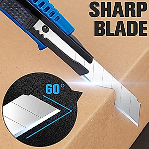 TIFICAL Box Cutter Retractable, Auto-Lock Utility Knife, 18MM Box Knife with 10 Blades, ABSs Handle Box Opener for Cutting Boxes, Cartons, Cardboard, Leather, Smooth Retractable Mechanism (Blue)