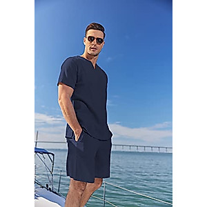 COOFANDY Men's 2 Pieces Short Sets Cotton Henley Shirts Short Sleeve Casual Beach Shorts Summer Yoga Outfits