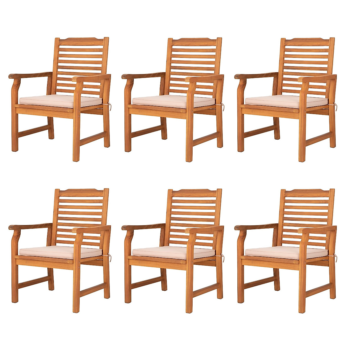 PHI VILLA 6 Pieces Acacia Wood Outdoor Dining Chairs with Cushions, Patio Wooden Armchairs Set of 6, Natural Teak Dining Chairs for Deck, Yard, Porch