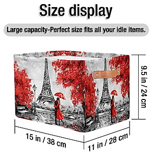 Rectangular Paris Baskets, Girls Storage Bins Kids Storage Basket with PU Leather Handles Cute Baskets Clothes Toys Box Books Baskets Gifts Baskets for Closet Shelf Nursery Bedroom 15x11x9.5 In