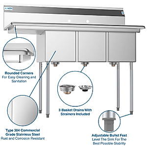 KoolMore 3 Compartment Stainless Steel NSF Commercial Kitchen Sink with Drainboard - Bowl Size 12" x 16" x 10",Silver