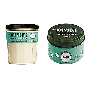 Mrs. Meyer's Clean Day's Soy Tin and Glass Candle Bundle - Made with Essential Oils, 25 Hour Burn Time, Basil Scent, 2 Count