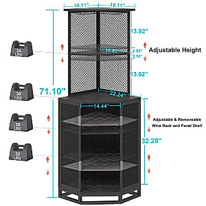 IBF Tall Corner Bar Cabinet, Large Wood and Metal Liquor Cabinet with Wine Rack, Industrial Corner Wine Cabinet with Adjustble Shelf Storage, Home Bar Unit for Kitchen Living Room, Dark Gray, 71 Inch