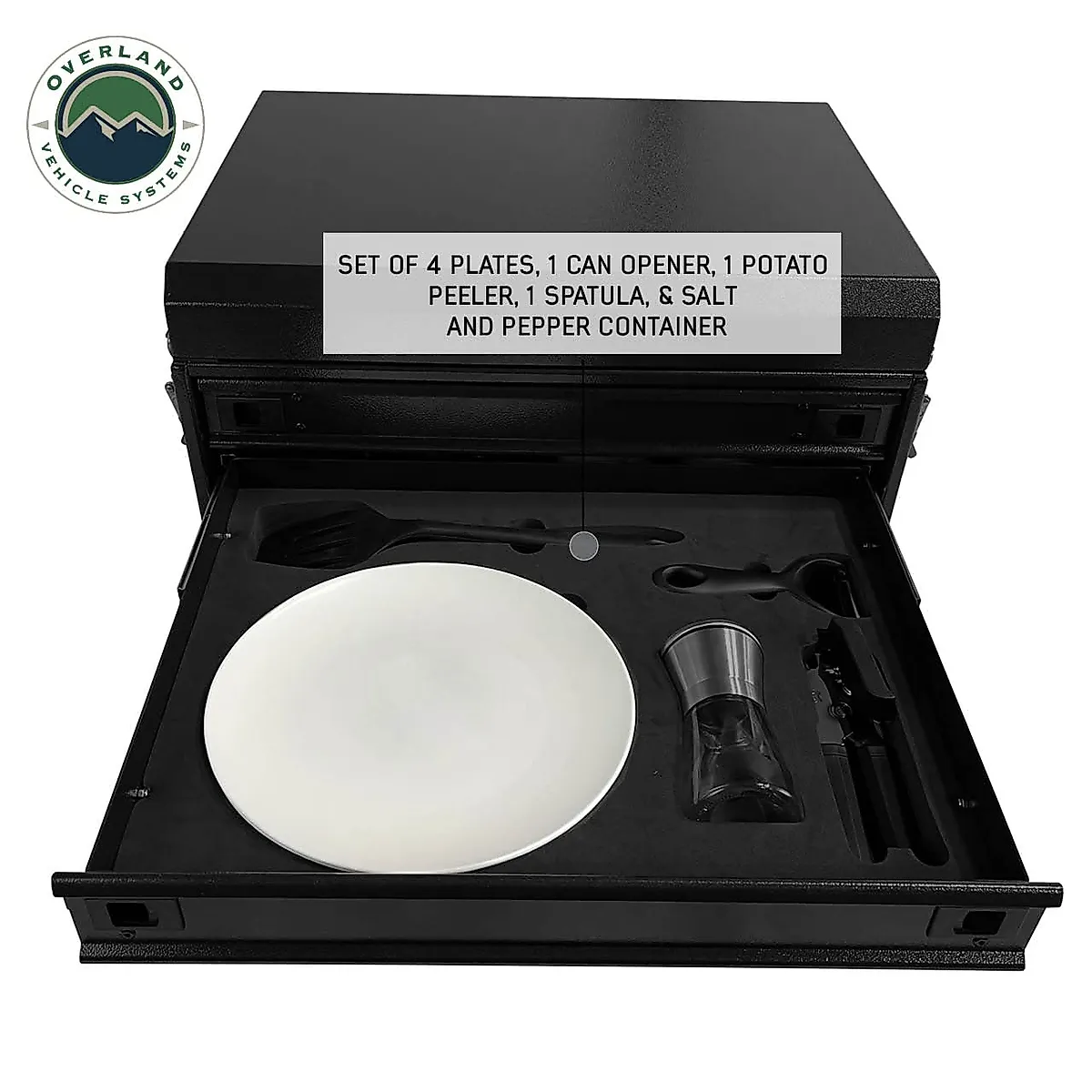 Overland Vehicle Systems Ultimate 39 Piece Utensil Set - Black Powder Coat Universal - 6061 Aircraft-Grade Aluminum Storage Box - Heavy Duty Grab Handles