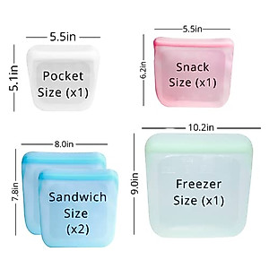 [5 Pack] Reusable Ziplock Bags Silicone Food Storage Containers | Microwave, Freezer & Dishwasher Safe | Meal Prep Containers Reusable Kitchen Locking Leak Proof Sealing Kitchen Gadgets (Multicolor)