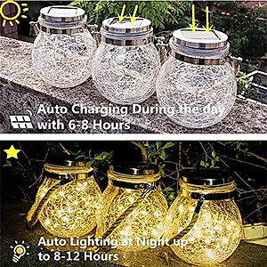 EternityFuture Garden Decoration Waterproof Solar Lantern, Value Pack of 2, Glass Bottle Jar, 30 LED Warm Lights, Unique Crack Pattern Ball Hanging Light