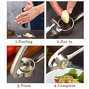Garlic Press, Stainless Steel Garlic Press Tool with Cleaning Brush and Silicone Garlic Peeler 3 Pcs By Lechay