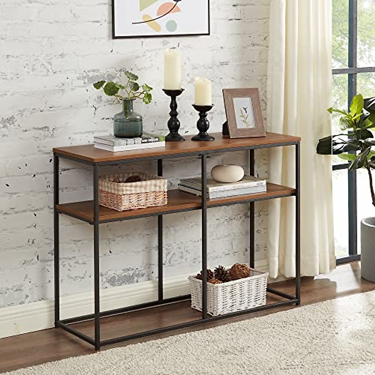 VECELO Console Sofa Table,with 3-Tiers Storage Shelves for Hallway/Entryway/Living Room,Easy Assembly,Light Brown, Simple Style