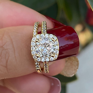 Ahloe Jewelry CEJUG 18K Gold Plated Wedding Rings for Women Engagement Bridal Ring Set Wedding Bands Halo Round Golden 1.5Ct Cz Size 11