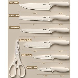 Otirilo 13 Pieces Kitchen Knife Set, Granite Nonstick Ceramic Coating Stainless Steel Sharp Chef Knives Set with Blade Guards & Kitchen Scissors, Essential Knife Set for Kitchen, Dishwasher Safe,White