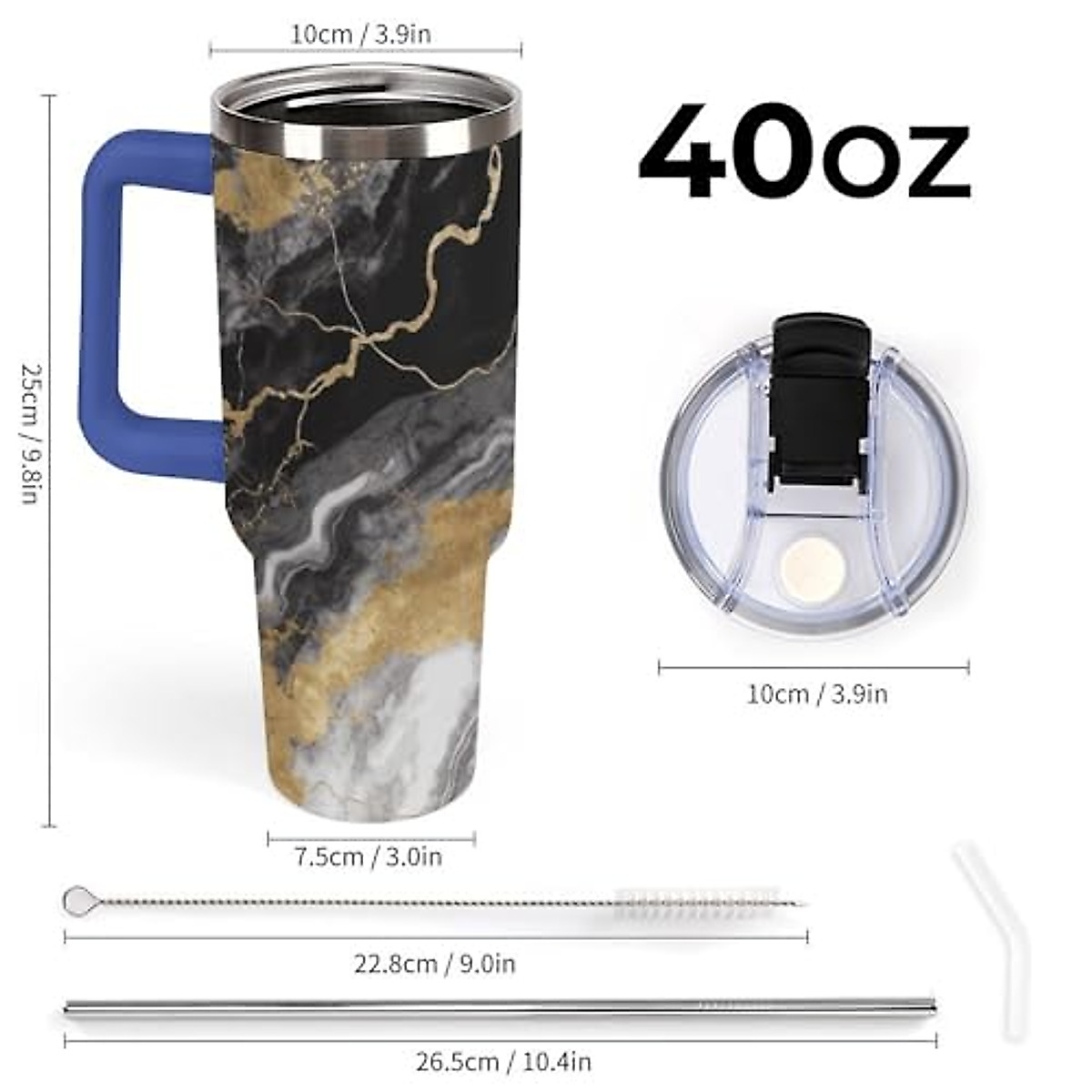 40 Oz Vacuum Tumbler with Deep Blue Handle Leakproof Insulated Tumbler Black White Gold Foil Marble Stainless Steel Travel Mug with Lid And Straw Coffee Cup Cute Water Bottles Cup Holder Friendly