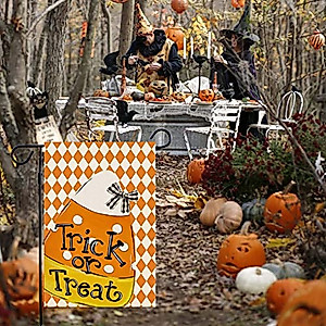 ORTIGIA Trick or Treat Garden Flag Vertical Double Sided 12x18inch Halloween Funny Candy Small Garden Flag Buffalo Check Plaid Seasonal Flag Farmhouse Rustic Holiday Burlap Yard Décor