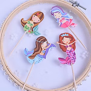 Double sided-Mermaid 24 PCS Handmade Pretty Mermaid Cupcake Toppers Baby Girls Children Kids Toddlers Teens Picnic Birthday Bridal Shower Baby Shower Wedding
