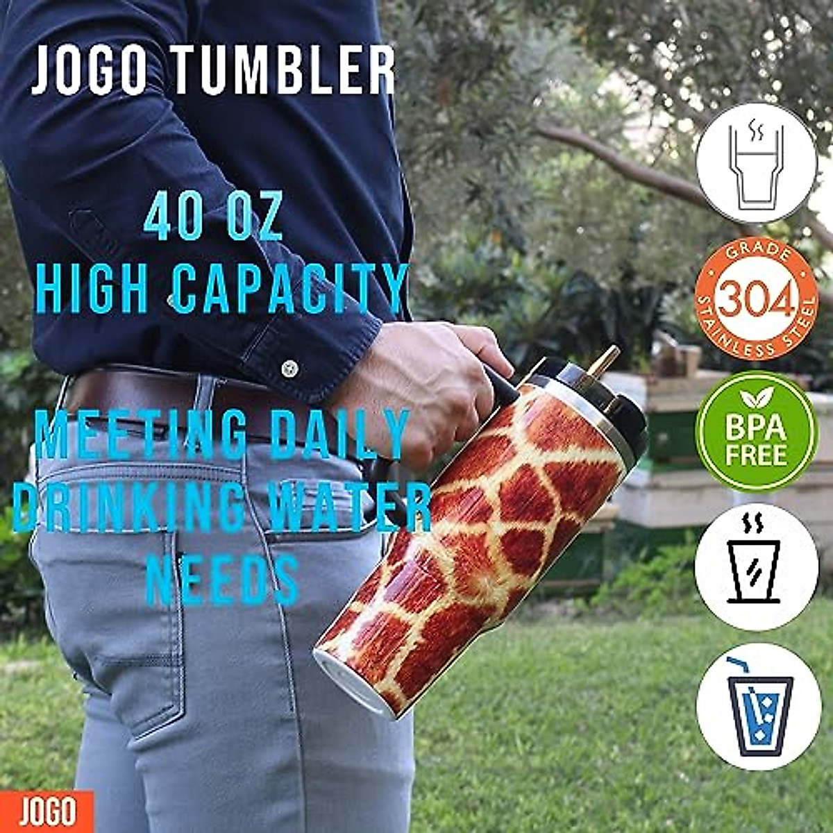 Simply Modern 40 oz Tumbler with Simple Handle and Straw Giraffe / Rambler Insulated Cup / Iced Coffee Stainless Steel Travel Mug / 40oz Animal Print Water Bottle Gifts for Men Women Kids / 5 pcs Set