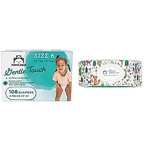 Amazon Brand - Mama Bear Gentle Touch Diapers, Hypoallergenic, Size 6, 108 Count (4 packs of 27) & Gentle Fragrance-Free Baby Wipes, Hypoallergenic 100 Count (Pack of 8), Shipped Separately