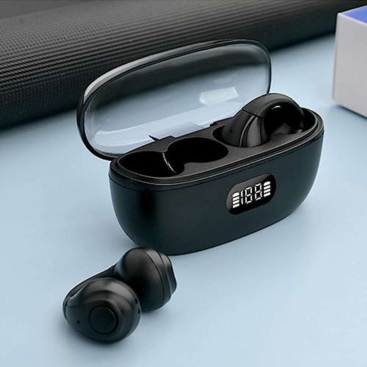Open Ear Headphones Wireless Bluetooth 5.3，Noise Cancelling Earbuds，HiFi Stereo Headphones，Wireless Headphones, Ear Stereo Bass Headset with Earhooks LED Battery Display (Black)