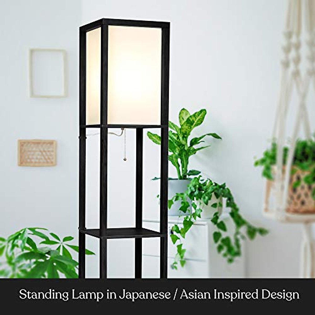 Brightech Maxwell - Modern Shelf Floor Lamp with Lamp Shade and LED Bulb - Corner Display Floor Lamps with Shelves for Living Room, Bedroom and Office - Black