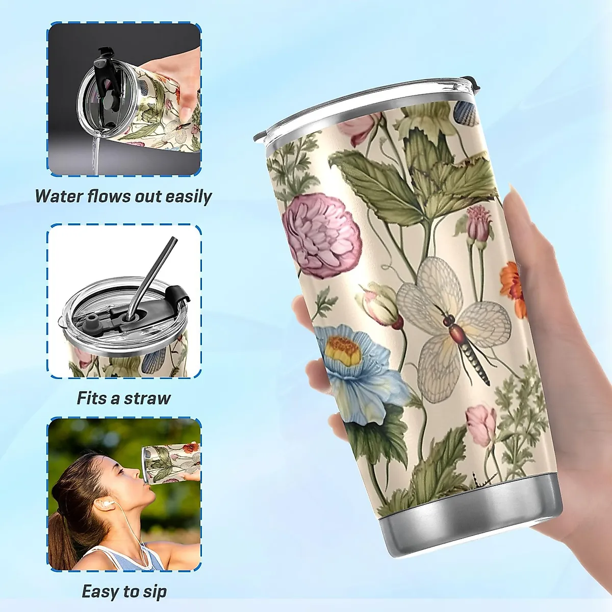 xigua Floral Dragonflies 12oz Tumbler with Lid and Straw, Stainless Steel Vacuum Insulated Coffee Tumbler Cup, Double Wall Travel Mug for Hot and Cold Drinks