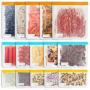 Reusable Food Storage Bags-15 Pack BPA FREE Extra Thick Freezer Bags，5 Leakproof Reusable Gallon Bags，5 Reusable Sandwich Bags，5 Reusable Snack Bags For Kids, Lunch Bags For Meat Fruit Cereal Veggies