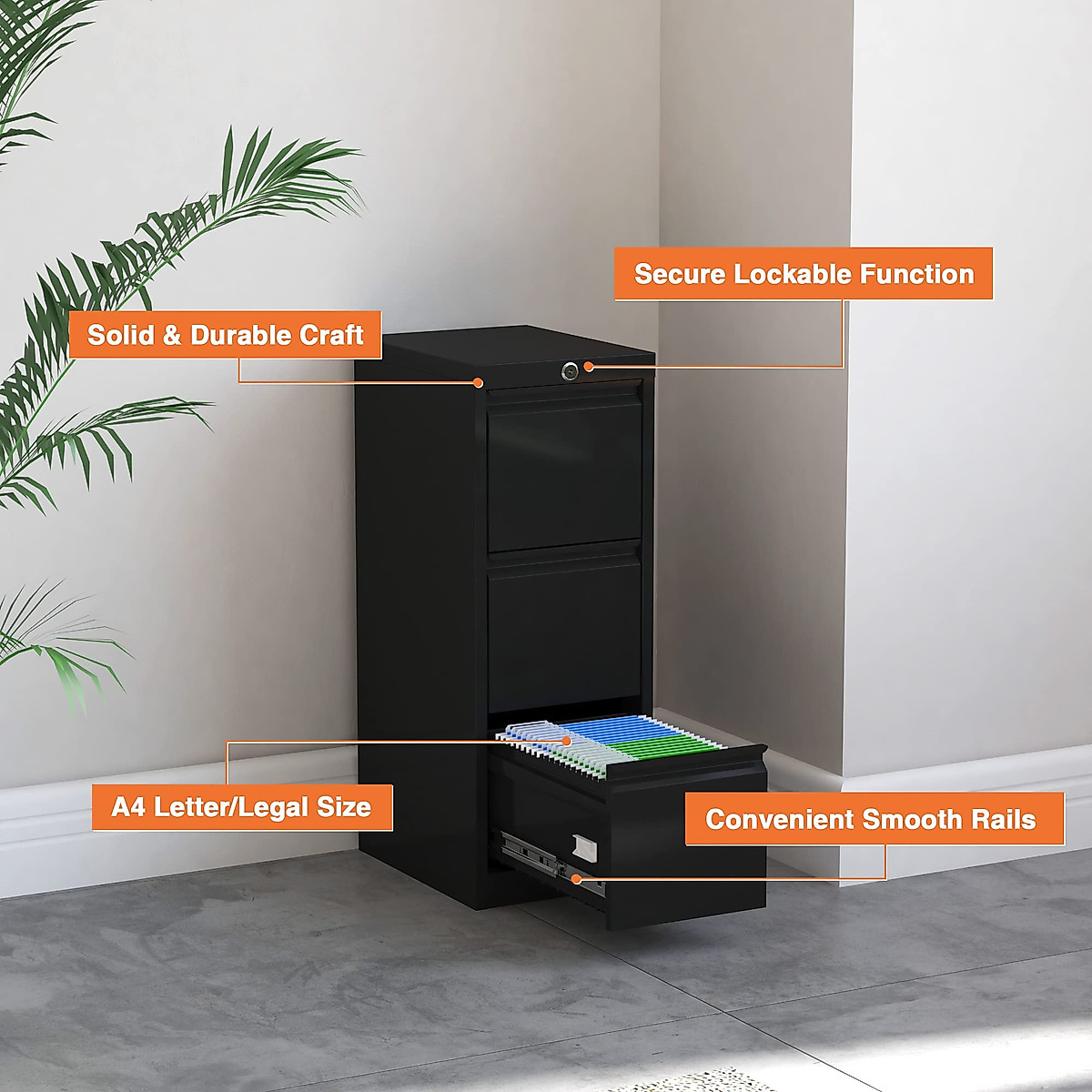 METAN 3 Drawer File Cabinet with Lock, Metal Vertical File Cabinet for Home Office, Locking Steel Filing Cabinet for Hanging Letter/Legal Folders,Black