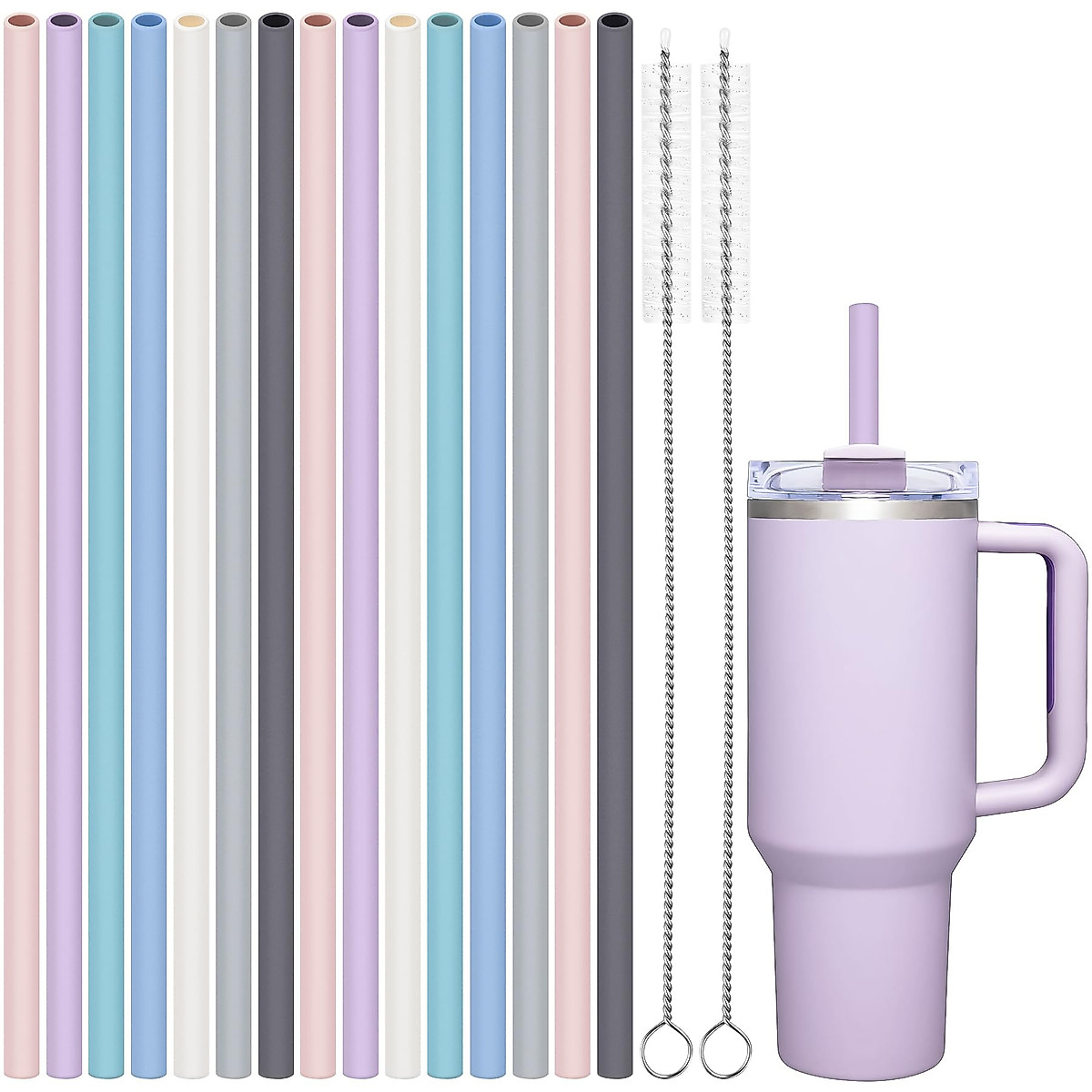Tomorotec 15PCS Reusable Silicone Drinking Straws w/ 2 Brushes, Fit for Stanley Tumbler 40oz 30oz 20oz, 12" Long Customizable for Various Drinkware, Dishwasher Safe, BPA-Free, Safe for Teeth (Macaron)