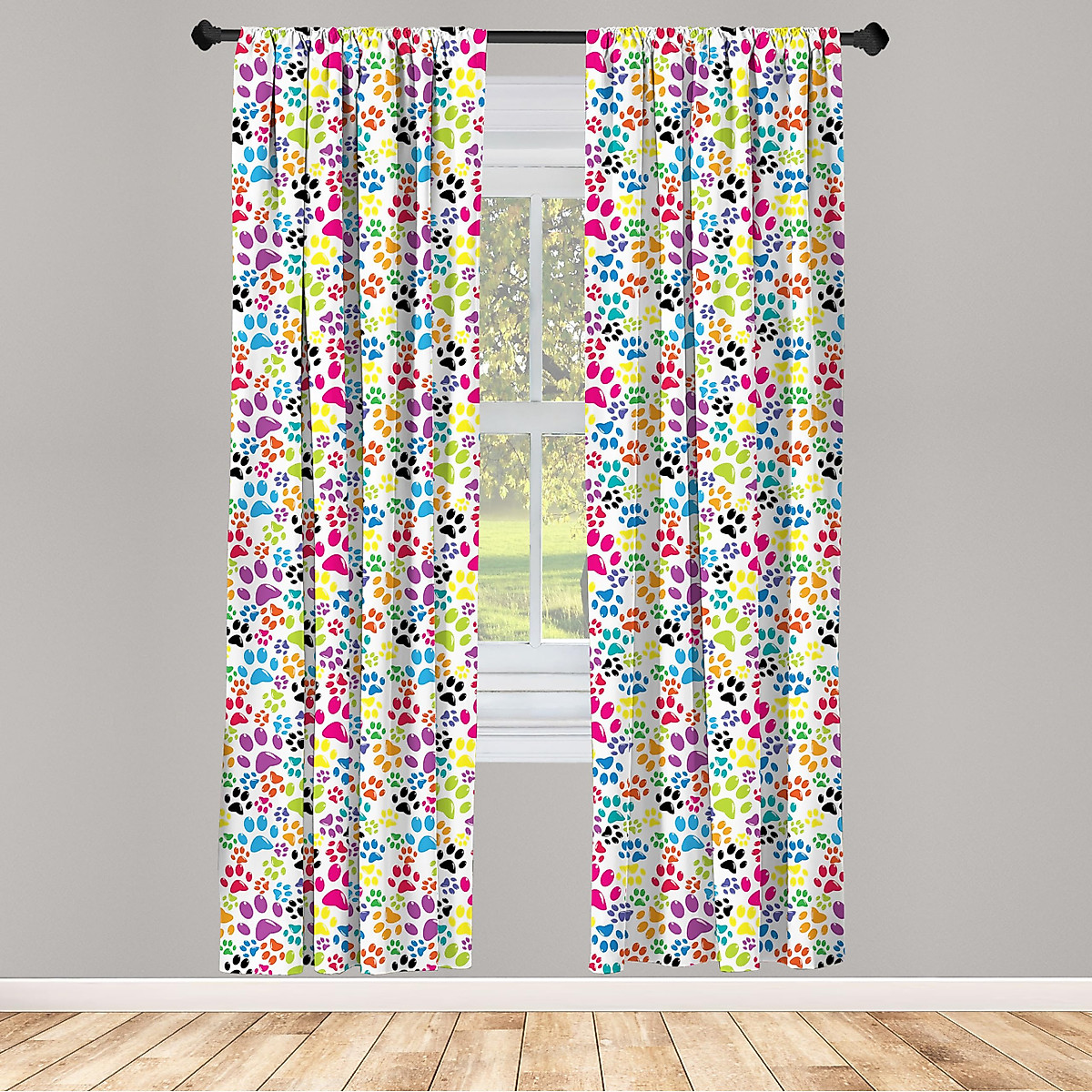 Ambesonne Dog Window Curtains, Colorful Little Paws Steps Art Cartoon Unusual Traces Design, Lightweight Decor 2-Panel Set with Rod Pocket, Pair of - 28" x 84", Purple Blue