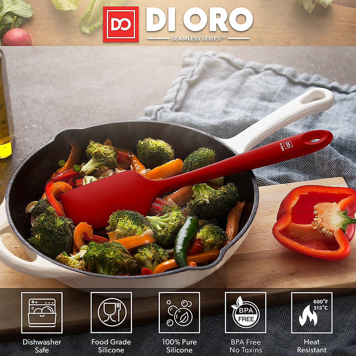 DI ORO - Large Silicone Spatula - 600ºF Heat-Resistant Spatula - Seamless Design - Pro-Grade Non-Stick Silicone Rubber with Reinforced Stainless Steel S-Core Technology (RED)