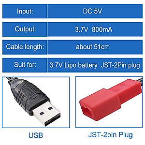 KBT 2-Pack JST-2P USB Charger Cable for 3.7V Li-ion RC Car Battery, 800mA Charging Speed Compatible for 3.7V RC Car Battery