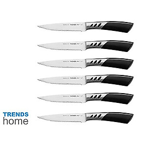 TRENDS Premium Steak Knives Set of 6. Double Forged Premium Stainless Steel. 5 Inch Blades. Serrated Steak Knives Set. Ultra-Sharp and Never Require Sharpening. Your Ultimate Steak Knife Set of 6.