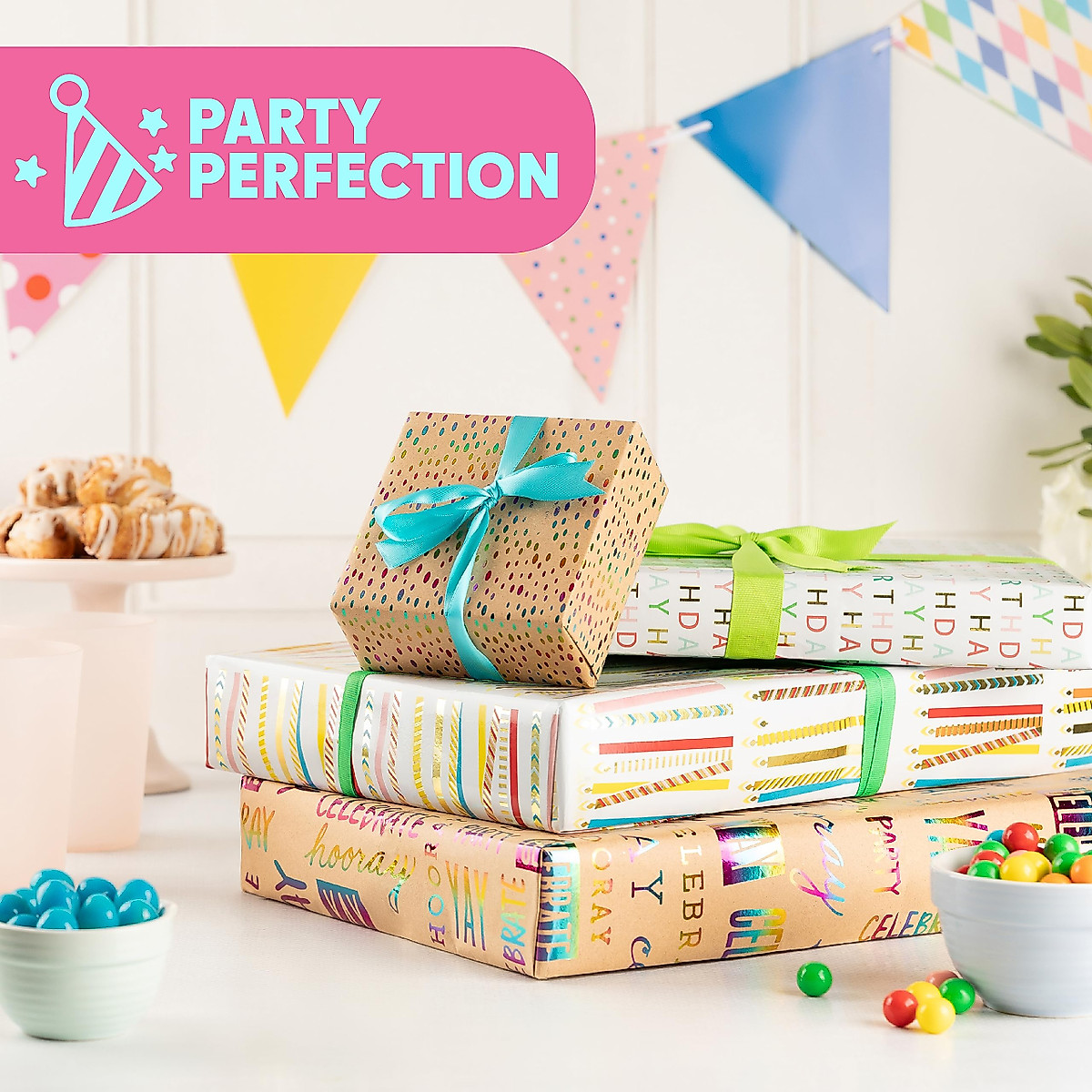 Plum Designs Gift Wrapping Paper Sheets- Happy Birthday Wrapping Paper Girl, Fun Wrapping Paper for Birthday Girl, 14 Sheets Gift Wrap Paper (Cute Fun Theme) (Kraft Birthday THeme) (Stunning Kraft Birthday)