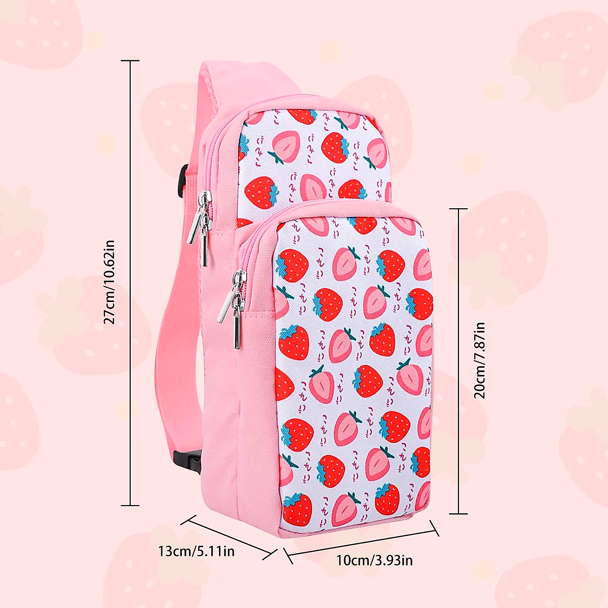 THRCIFLO Cute Pink Strawberry Travel Carrying Bag for Nintendo Switch/OLED/Lite Shoulder Bag Storage Backpack for Switch Accessories, Portable Crossbody Sling Case for Girls