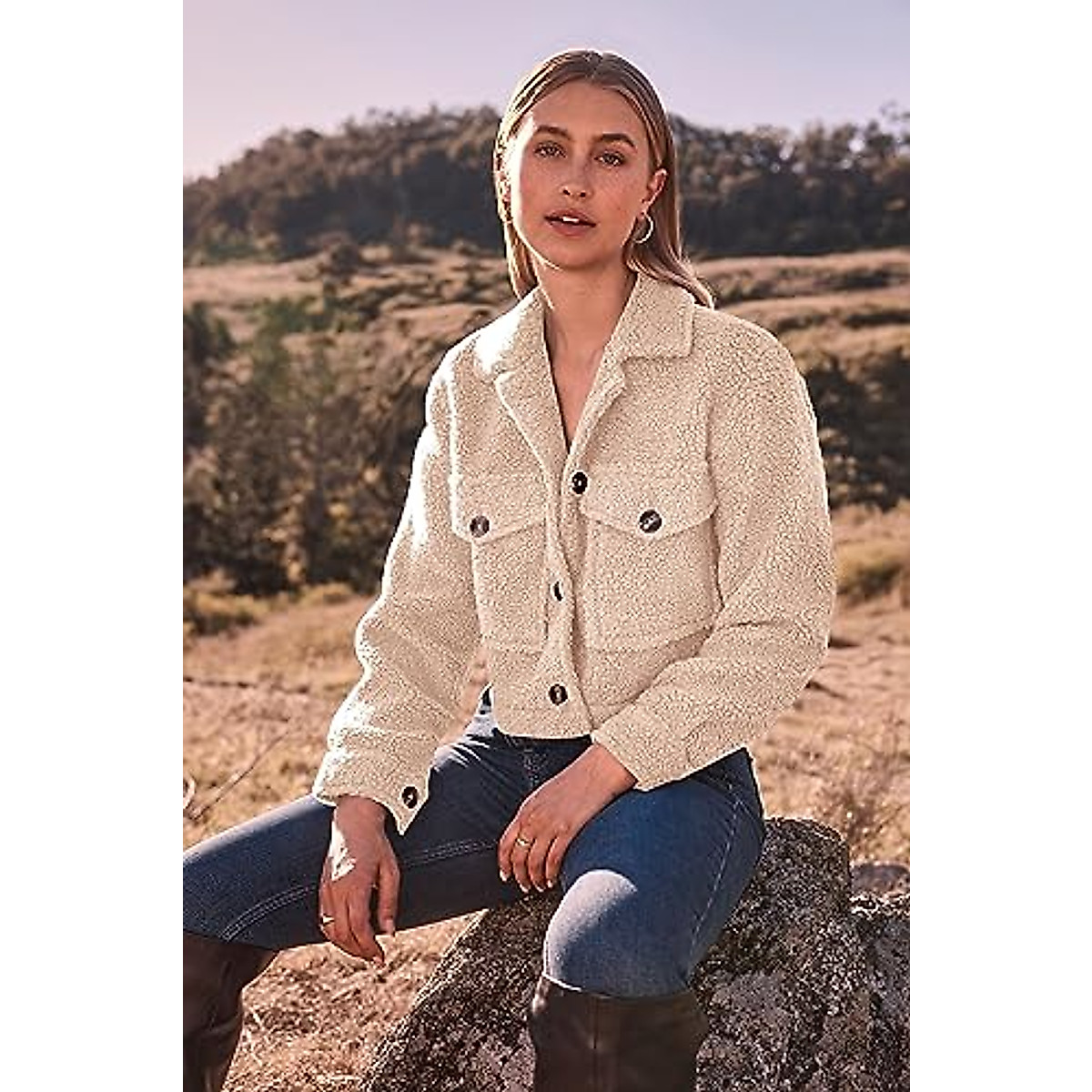 PRETTYGARDEN Womens Fall Clothes Sherpa Shacket Jacket Fuzzy Lapel Button Down Cropped Coat Winter Outerwear (Beige,Large)