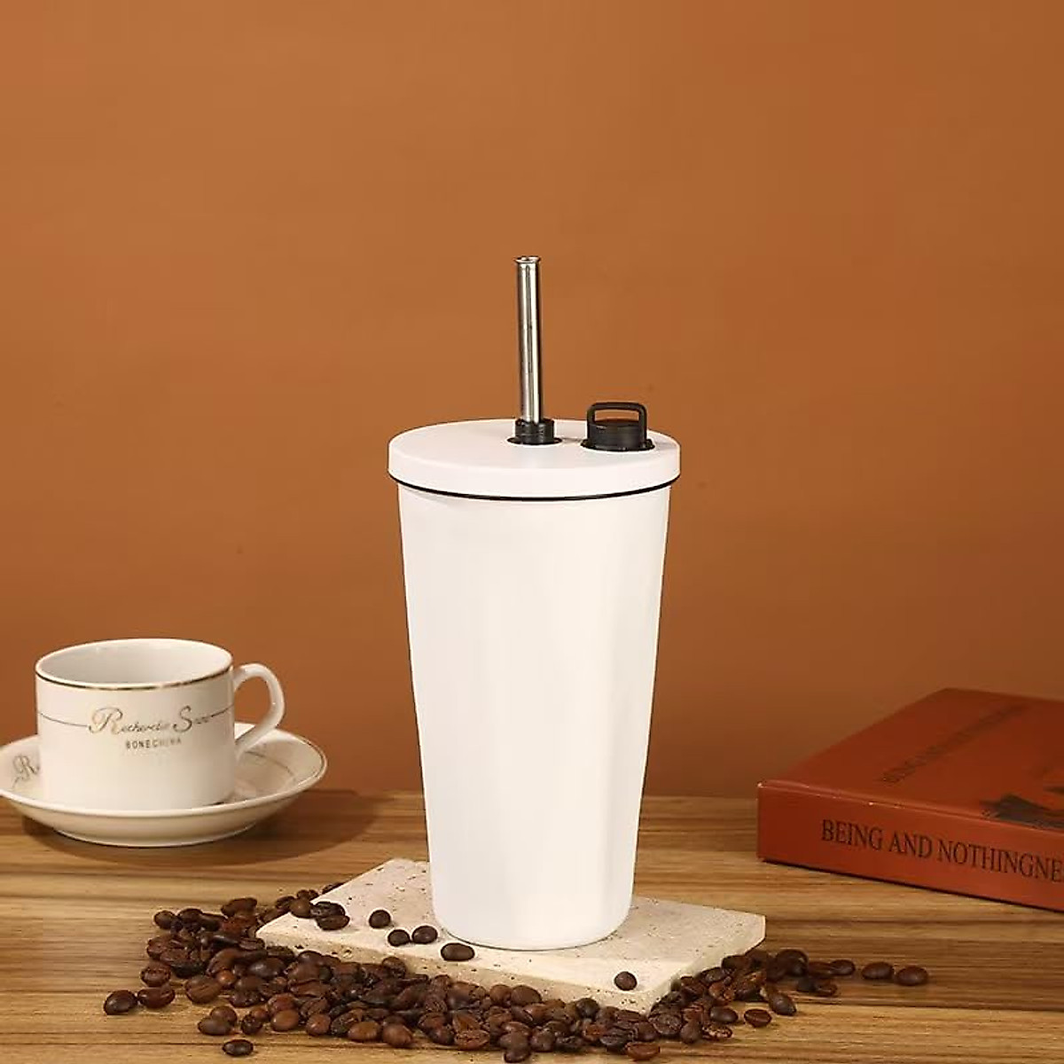 FRAGSCEN 20 OZ Insulated Tumbler with Lid and Straw, Tumbler with Screw Lid, Stainless Steel Tumbler, Iced Coffee Cup, Double Wall Vacuum Tumblers, Water Bottle Travel Mug, White