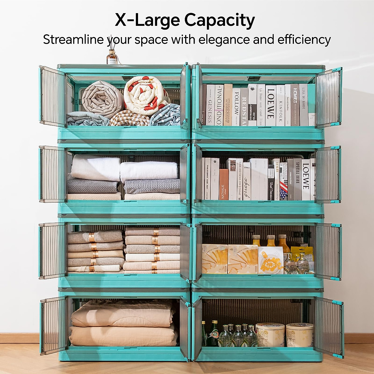 Homeforce Collapsible Storage Bins 3 Tier 23 Gal Each- Plastic Stackable Storage Bins with Lids and Wheels, 261 Quart/ 69 Gal Large Foldable Organization and Storage Box for Home and Office, Blue