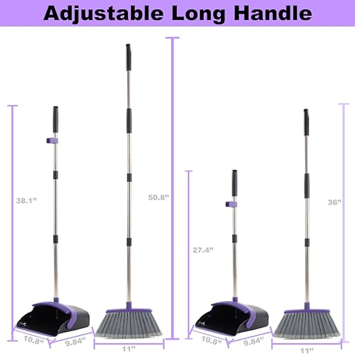 COUPLEP Broom and Dustpan Combo Set for Home Super Long Handle, Upright Standing Dustpan for Home Room Kitchen Office Lobby Outdoor Floor Use (Purple & Black)