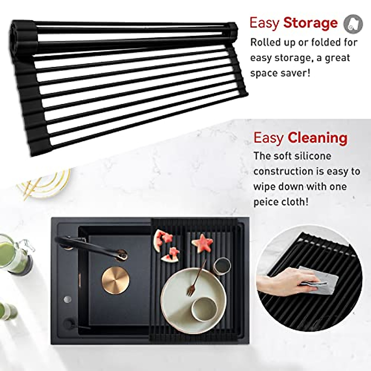 MERRYBOX Roll Up Dish Drying Rack, Silicone Wrapped Over The Sink Dish Rack Foldable Dish Drainer Anti-Slip Dish Racks for Kitchen Counter, Multipurpose Kitchen Sink Drying Rack, 18" x 13", Black
