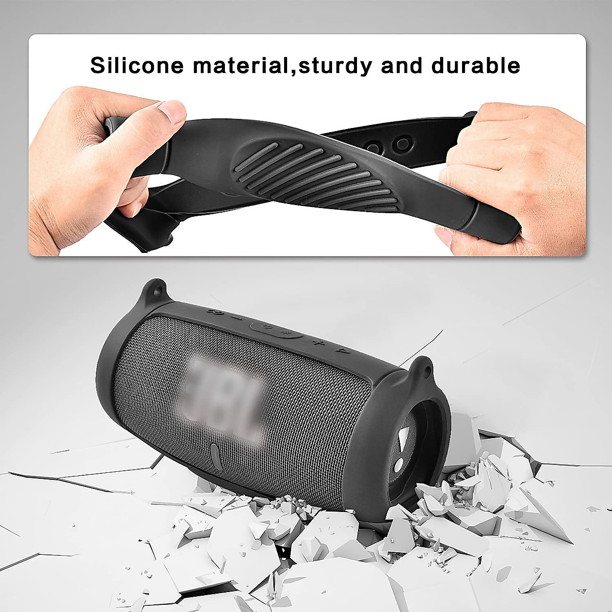 Silicone Case Cover for JBL Charge 5 Waterproof Portable Bluetooth Speaker, Travel Carrying Protective Gel Soft Skin, Waterproof Rubber Pouch with Shoulder Strap and Carabiner - Black