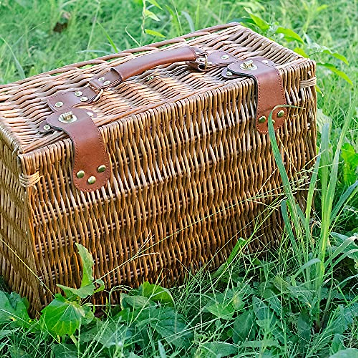 SatisInside Picnic Basket for 2 Wicker Picnic Set with Insulated Liner for Camping,Wedding,Valentine Day,Gift - Reinforced Handle, Coffee