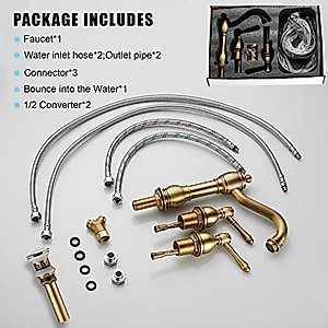 IBOFYY Antique Brass Bathroom Sink Faucet, 8inch Two Handle Bathroom Faucet 3 Holes Solid Brass With Metal Pop-Up Drain Assembly (Antique Brass)