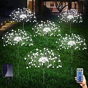6 Pack Outdoor Solar Garden Lights, Solar Firework Lights,120 LED Waterproof Solar Lamps Decorative, Fireworks Lamp, 8 Modes Landscape Lights with Remote for Pathway Backyard Walkway Patio(Cool White)