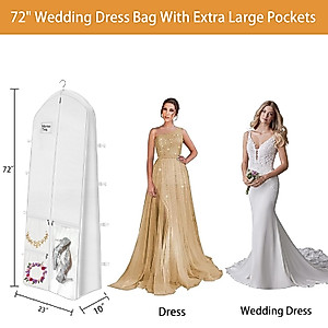 Portable Wedding Dress Garment Bag, 72 Inch Trifold Bridal Dress Bags for Gowns Long with Pockets and Handles, 10" Gusseted Dress Cover for Wedding Dress with Buckle