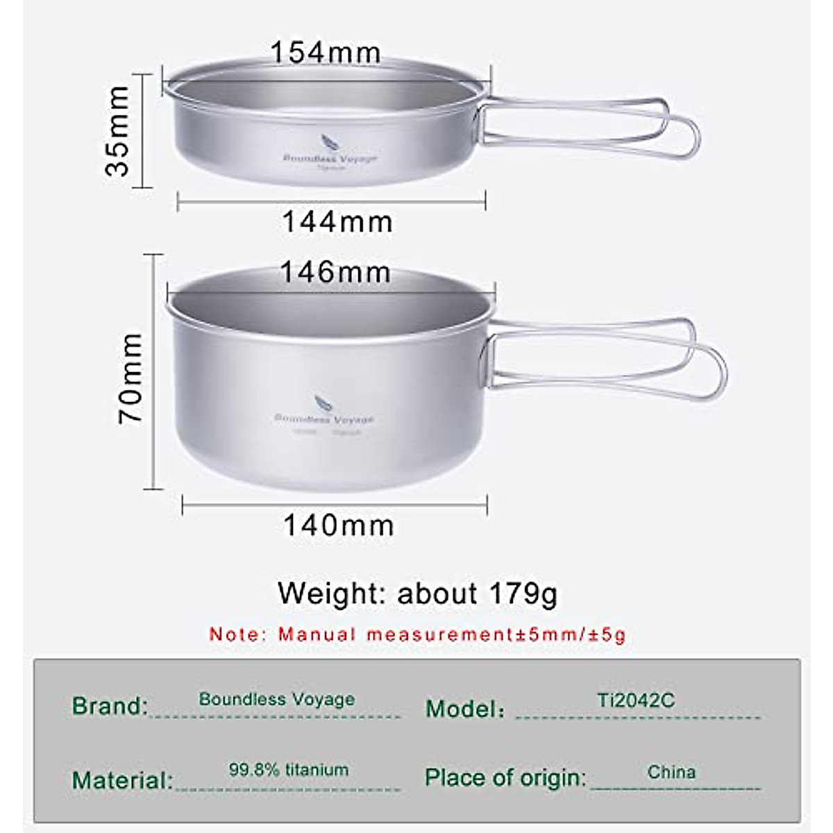 iBasingo Titanium Cookware Camping 1000ml Pot 500ml Pan Set with Folding Handle Outdoor Cooking Bowls Ultralight Picnic Hiking Backpacking Tableware for 1 Person Ti2042C