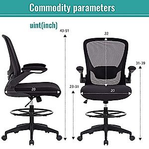 BestOffice Drafting Chair Tall Office Chair with Adjustable Foot Ring and Flip-Up Arms Computer Standing Desk Chair Executive Rolling Swivel Chair for Office & Home (Black)