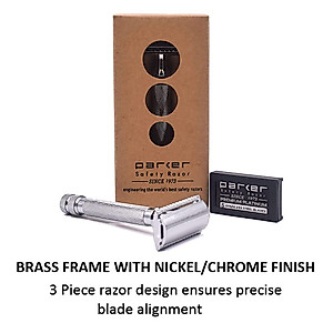 Parker 91R Double Edge Safety Razor – Three-Piece Heavyweight Safety Razor with Brass Frame & Chrome Plated Knurled Handle –5 Premium Parker Platinum Double Edge Razor Blades Included