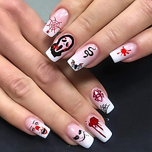 COKTAK 6 Sheets Halloween Style Nail Art Stickers Decals for Women Manicure, Funny Self-Adhesive Skull Skettlon Ghost Nail Decals Stickers, Blood Scar Wound Snake Nail Decoration Accessories Supplies