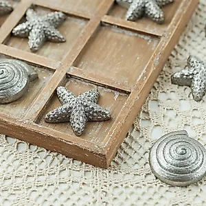 NIKKY HOME Wood Board Travel Game Beach Tic Tac Toe for Fun, Coastal Beach House Coffee Table Decor 8.93 x 8.93 x 1.26 inches - Silver
