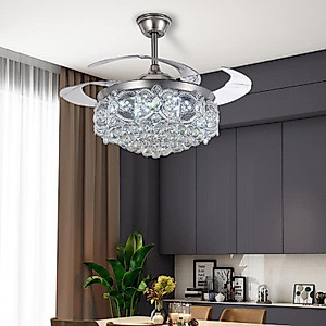 Clody 42''Luxury Crystal Fandelier Ceiling Fan with Lights Modern Chandelier Ceiling Fans with 3 Color LED Panel 3 Speed Quiet Motor Retractable and Reversible Blades Fan for Indoor