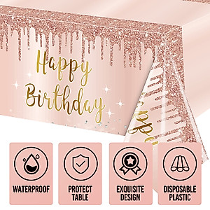 3 Pcs Pink Rose Gold Happy Birthday Tablecloth Decorations for Women, Happy Birthday Table Cover Party Supplies, 16th 21st 30th 40th 50th Birthday Plastic Disposable Rectangular Table Cloth Decor